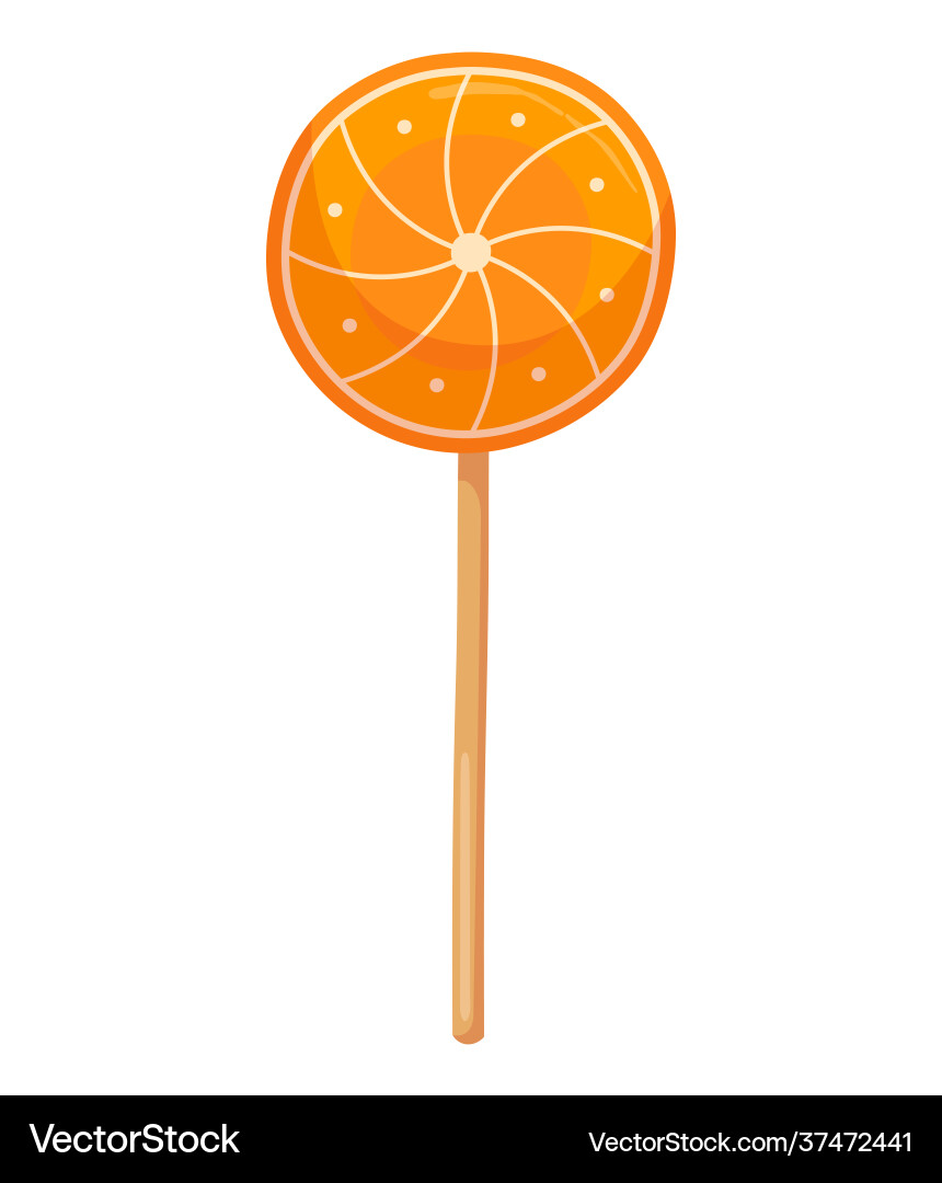 Orange-shaped cute round candy on a stick on white