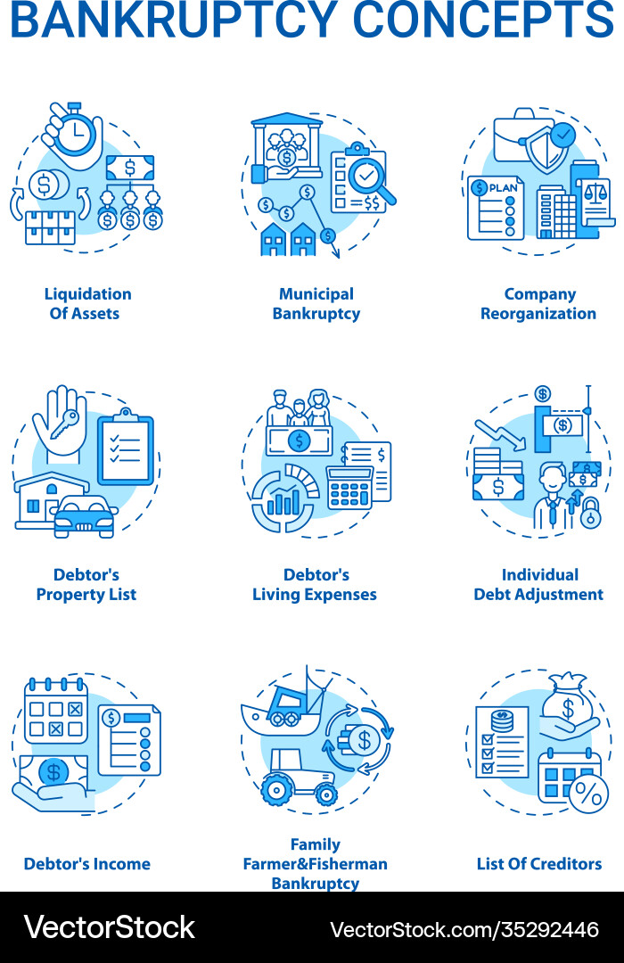 Bankruptcy blue concept icons set Royalty Free Vector Image