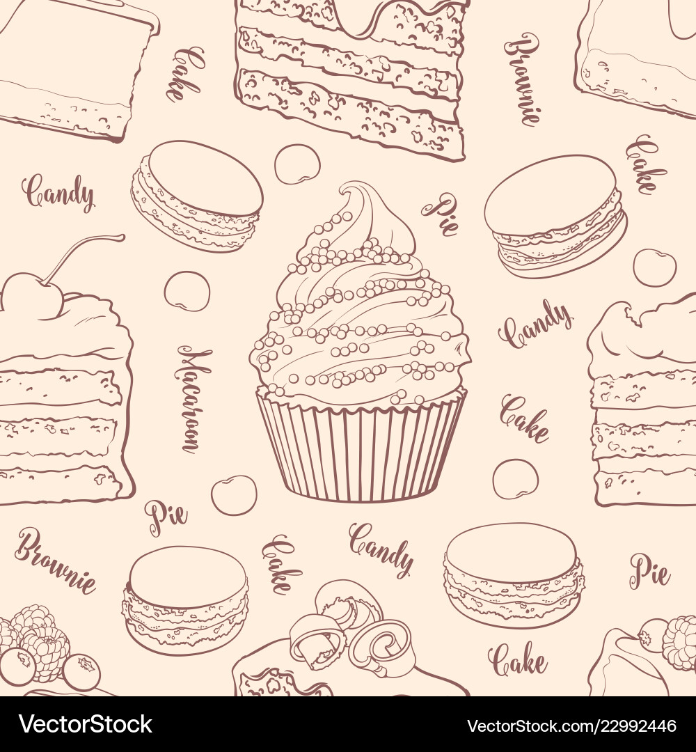 Cakes and cookies seamless pattern in outline Vector Image