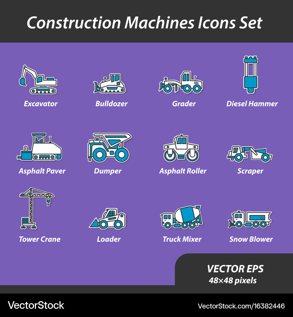 Construction machines set of flat icons Royalty Free Vector