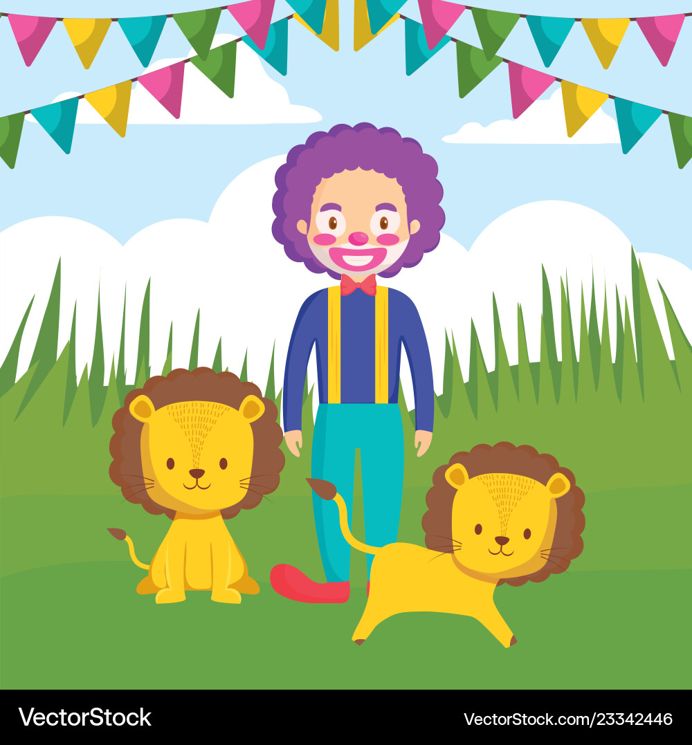 Cute circus lions with clown Royalty Free Vector Image