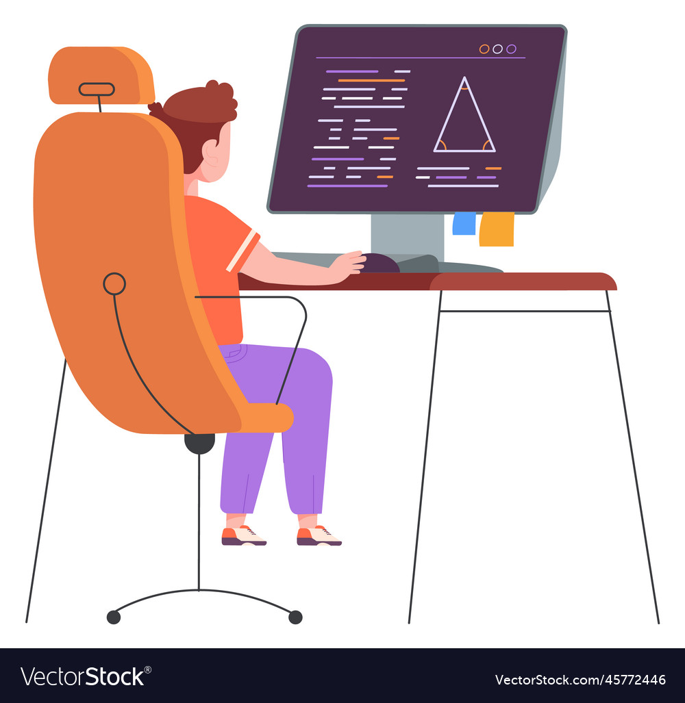 Kid doing math on computer screen geometry lesson Vector Image