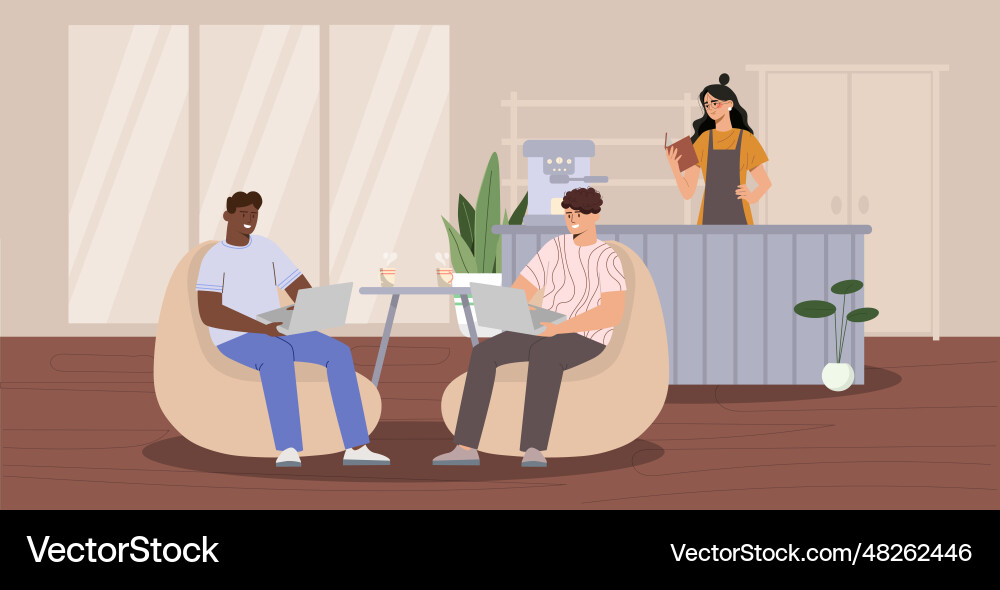 Men with laptop at cafe concept Royalty Free Vector Image