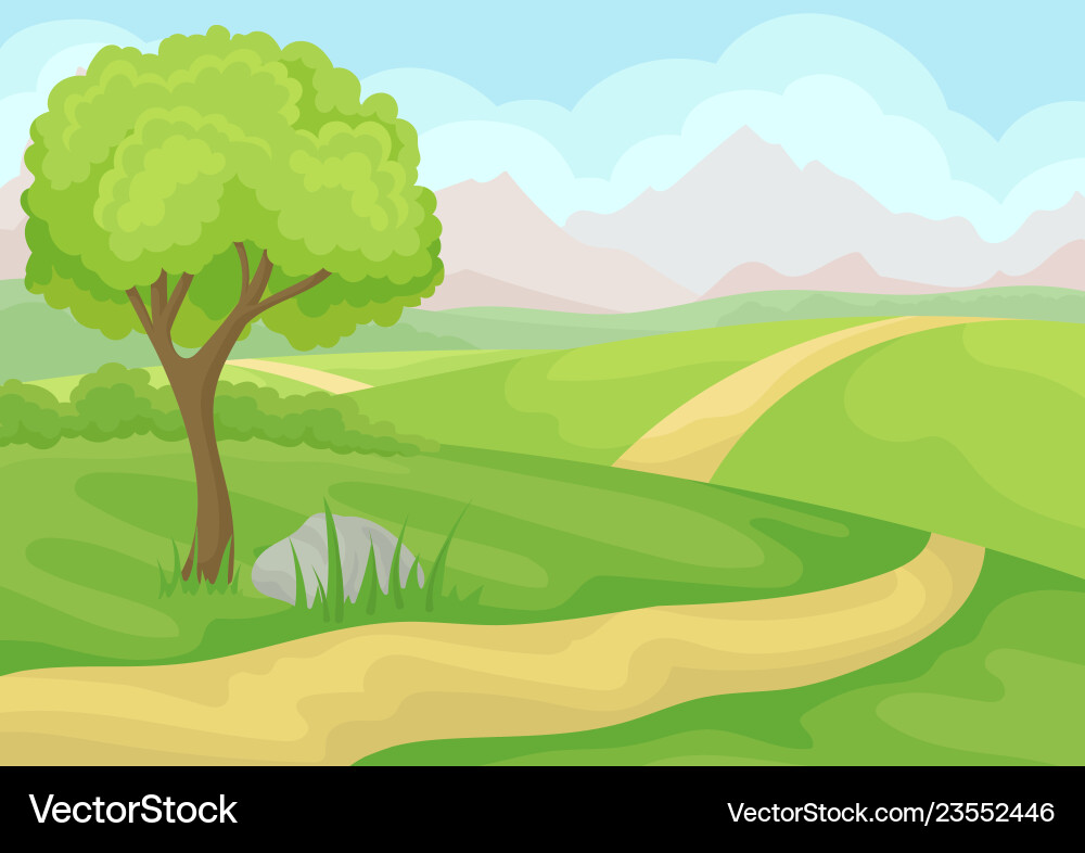 Scenery with tree ground road and green meadows Vector Image