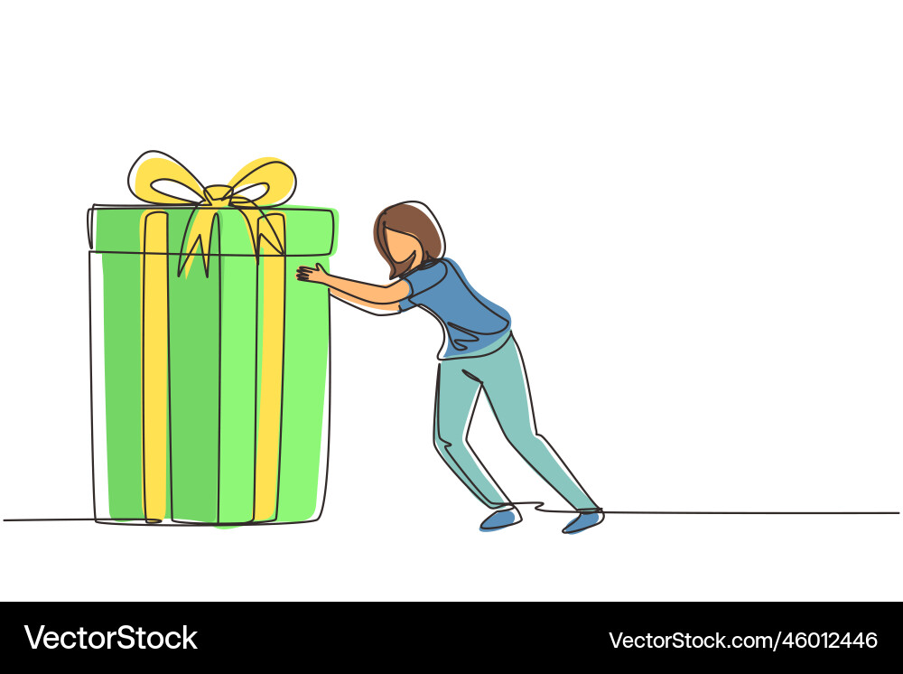 Single one line drawing young woman pushes Vector Image