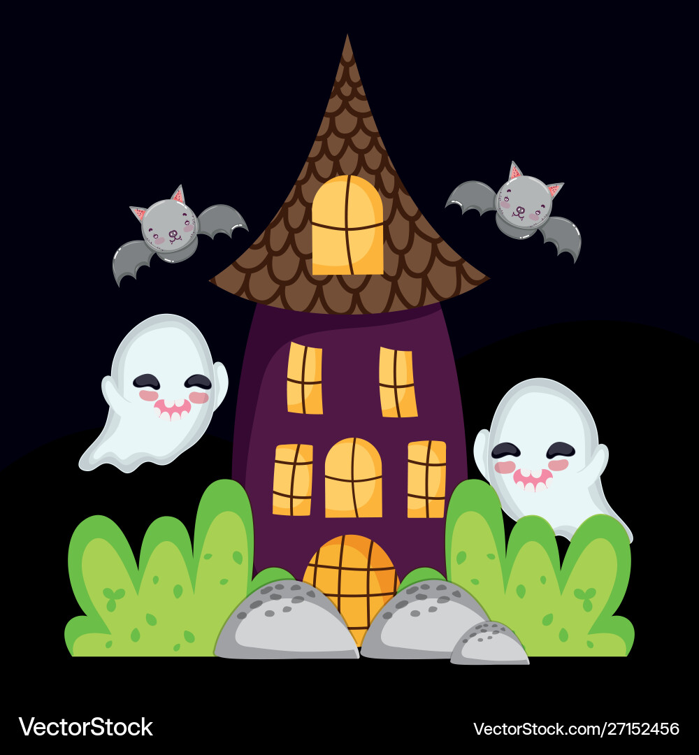 House ghost and bats flying halloween Royalty Free Vector