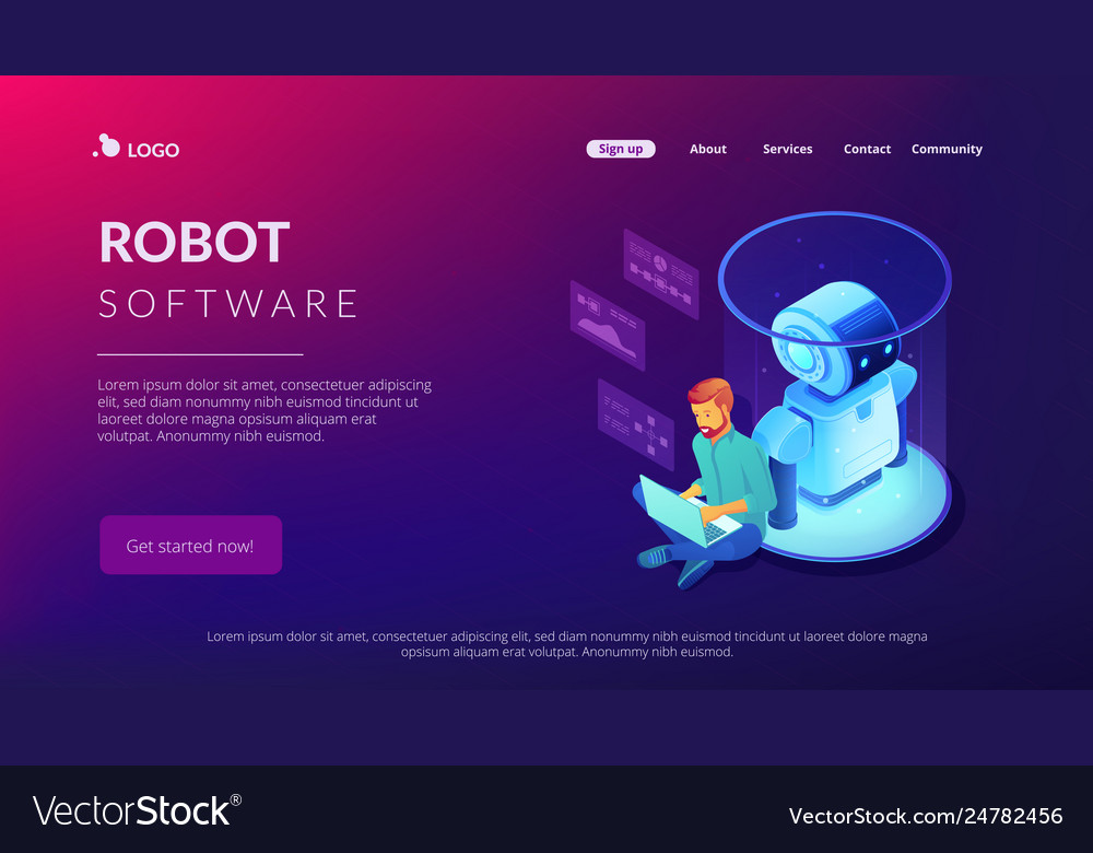 Robot software isometric3d landing page Royalty Free Vector