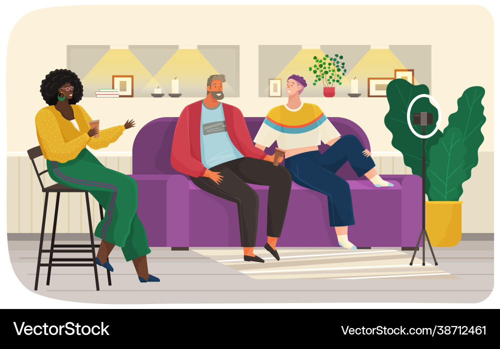 Characters giving interview to female journalist Vector Image