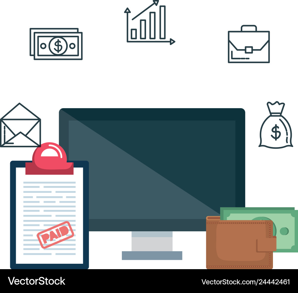 Desktop computer with tax financial icons Vector Image
