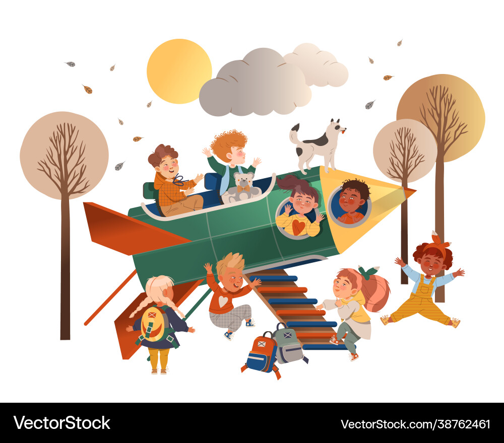 Happy children playing with rocket peeped out from