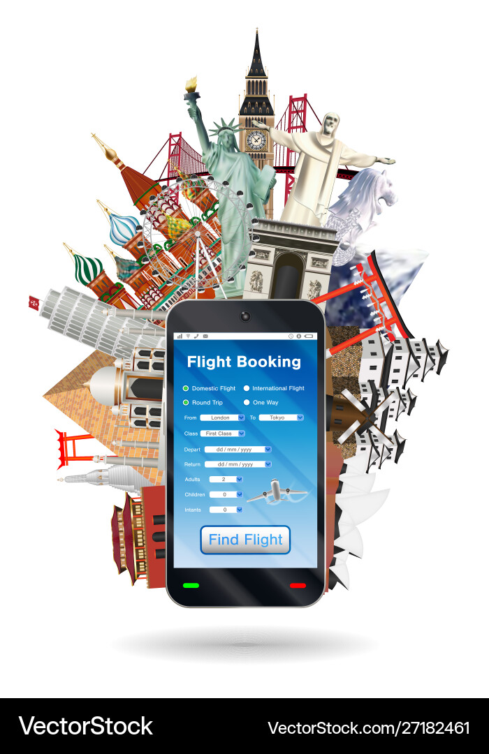 Smartphone online flight booking with landmark Vector Image