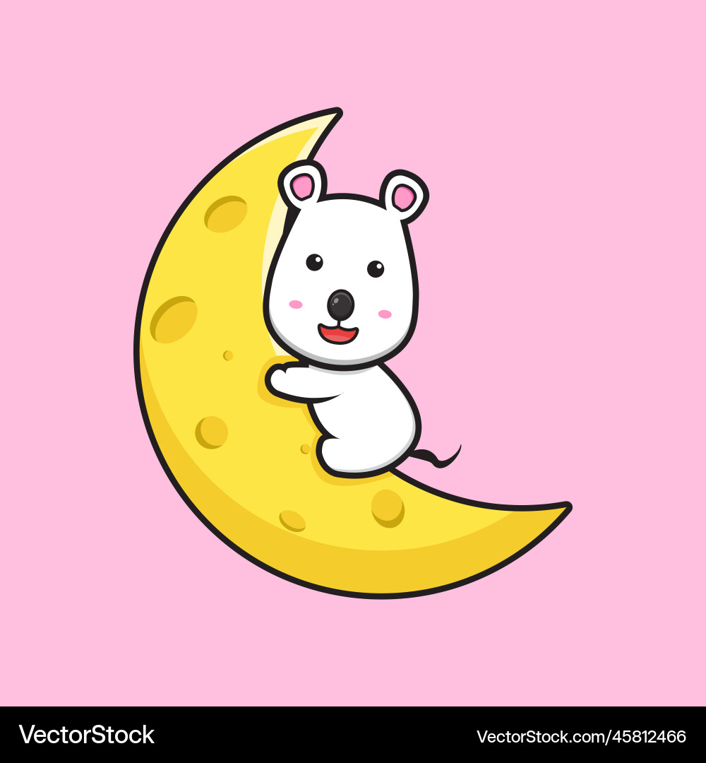 Cute mouse hug cheese moon cartoon icon Royalty Free Vector