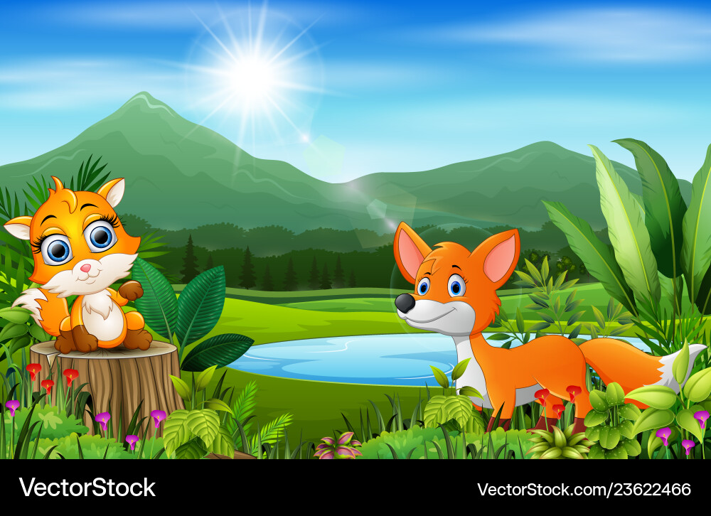 Happy fox on the beautiful nature Royalty Free Vector Image