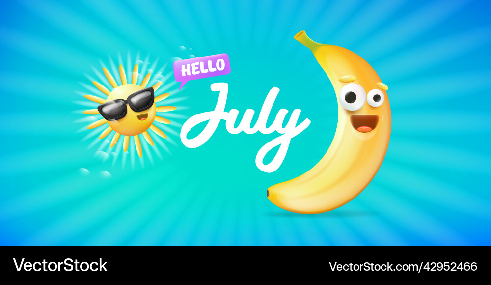 Hello july horizontal banner with cartoon sun Vector Image