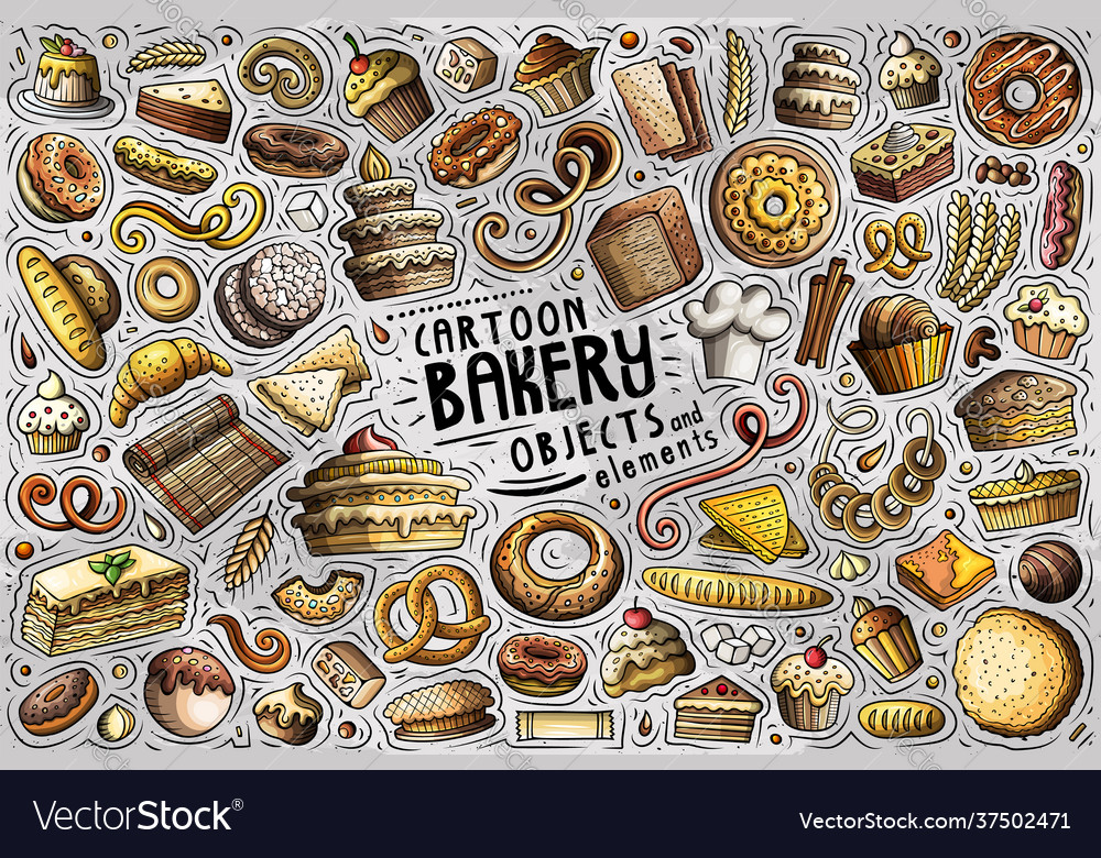 Cartoon set bakery theme items objects Royalty Free Vector