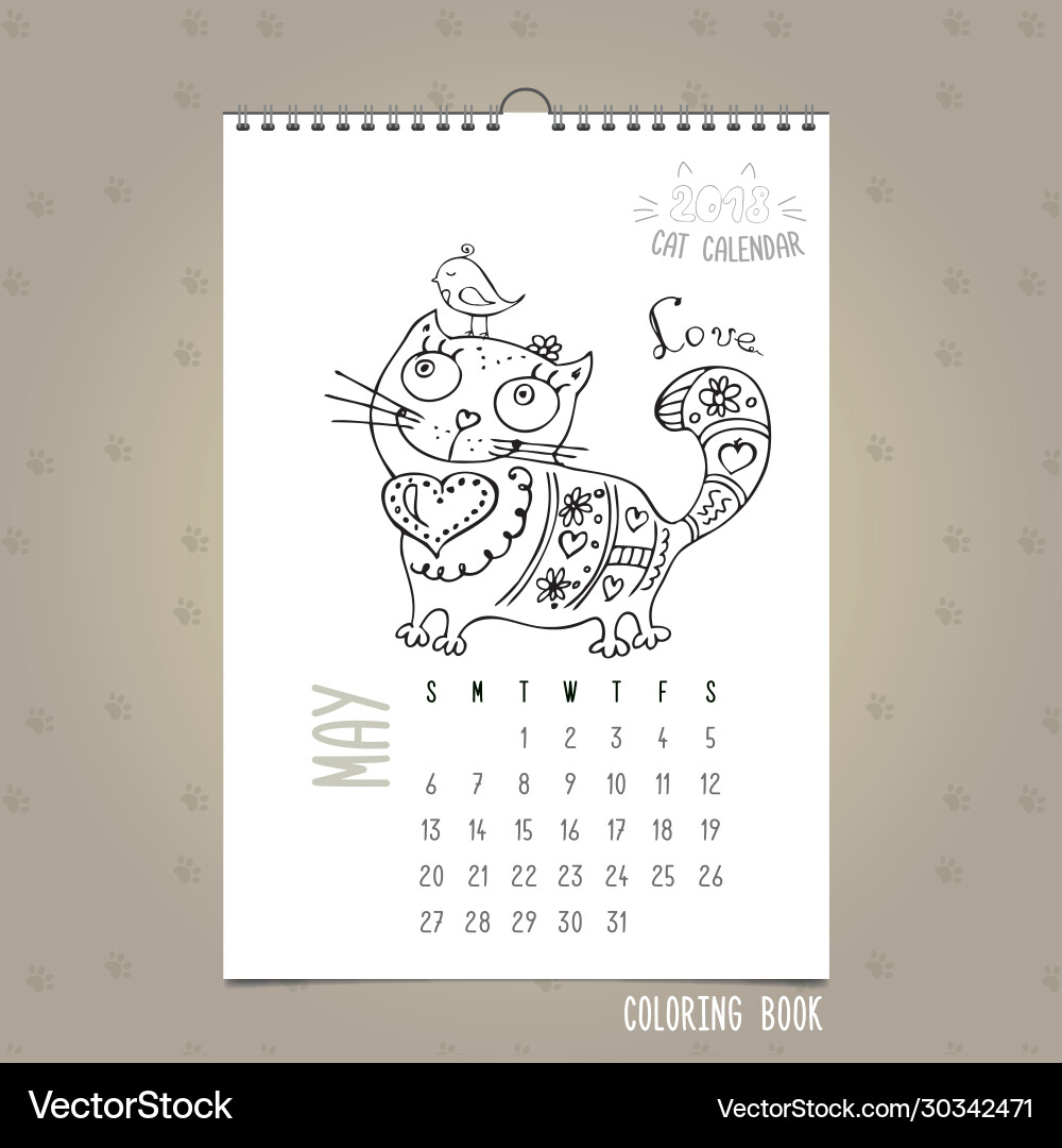 May 2018 monthly calendar with cute cat Royalty Free Vector