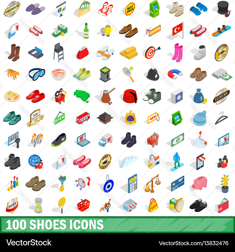 100 shoes icons set isometric 3d style Royalty Free Vector