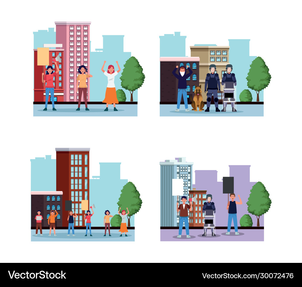 Activists people protesting with riot police Vector Image