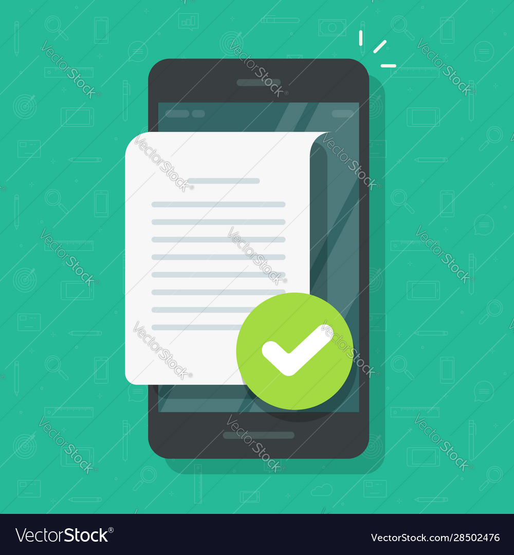 Document file page with checkmark on mobile phone Vector Image