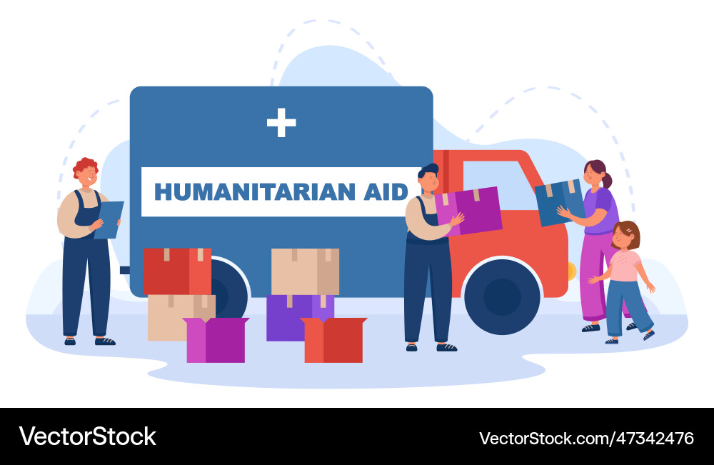 Volunteers giving boxes with humanitarian aid Vector Image