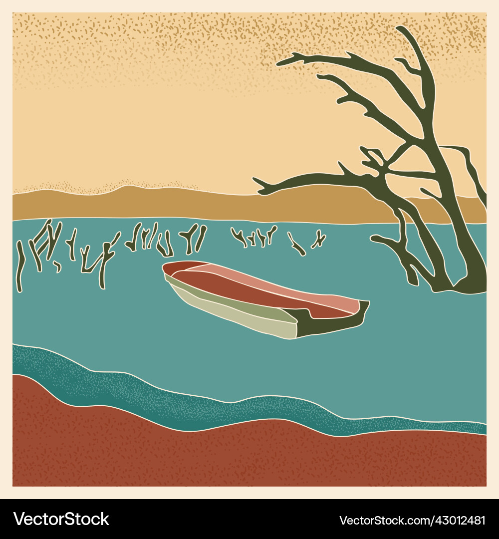 Abstract retro landscape poster stylized boat Vector Image