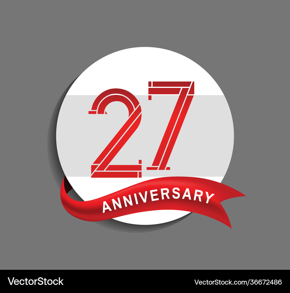 27 anniversary with white circle and red ribbon Vector Image