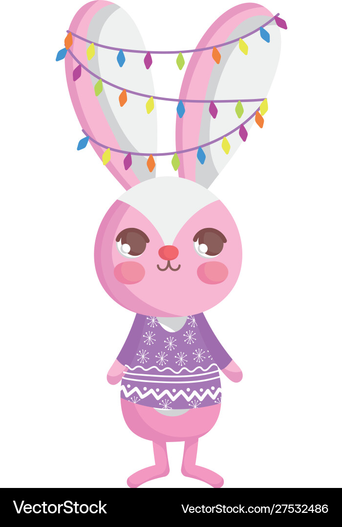 Cute rabbit with lights tangled in ears happy Vector Image