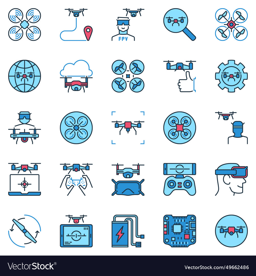 Fpv Drone Colored Icons Set And Quadcopter Vector Image