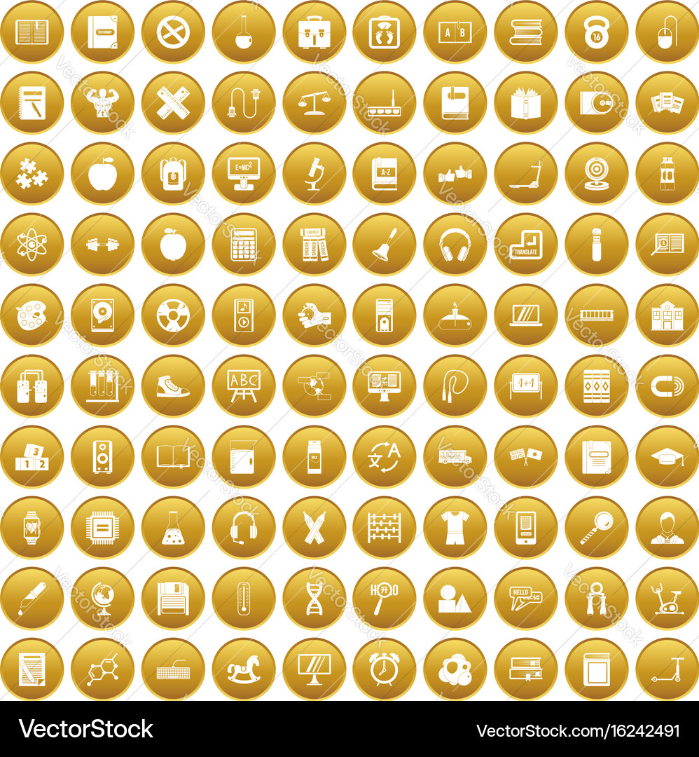 100 learning kids icons set gold Royalty Free Vector Image