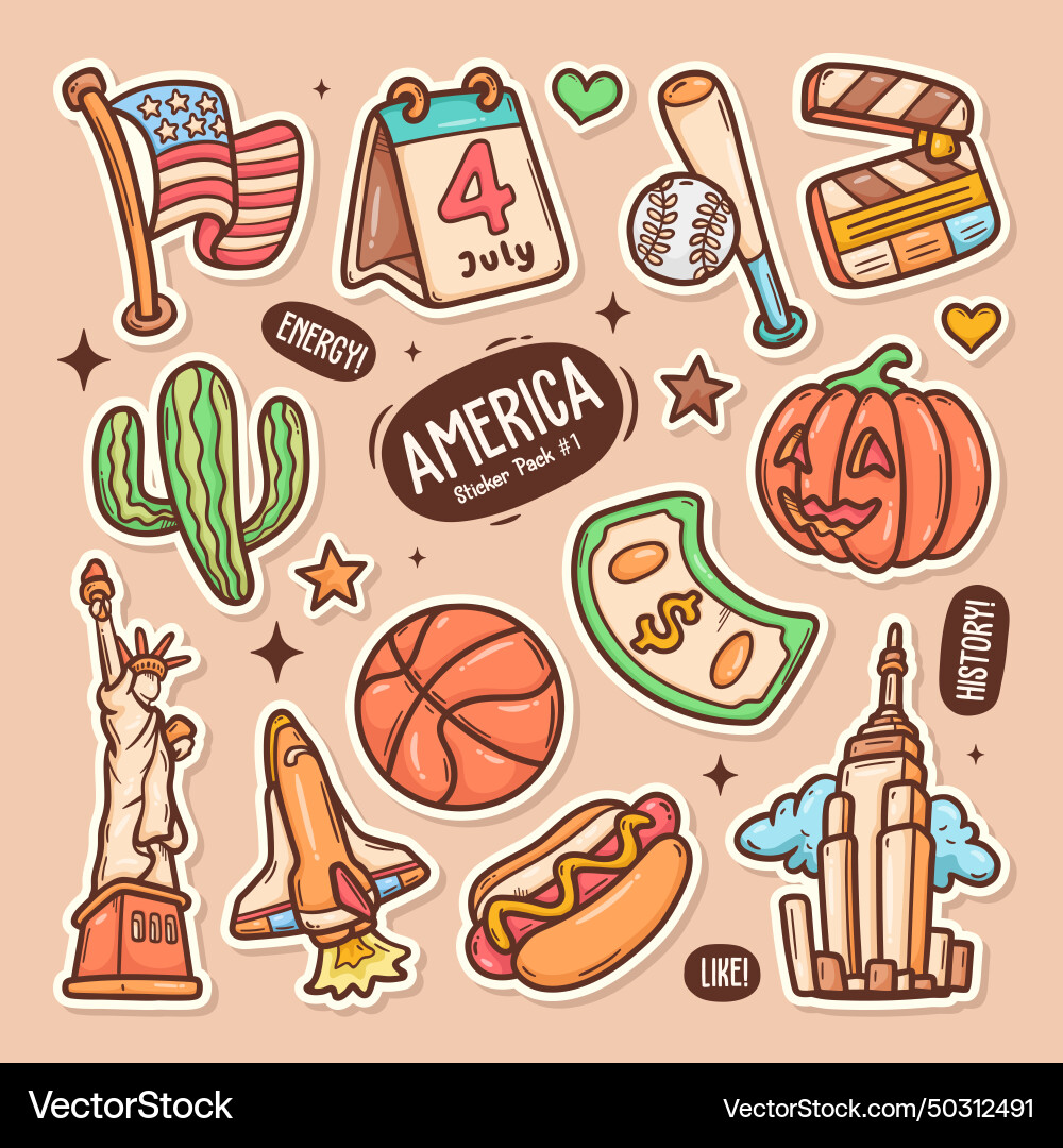 America cute doodle sticker collection 1 Vector Image