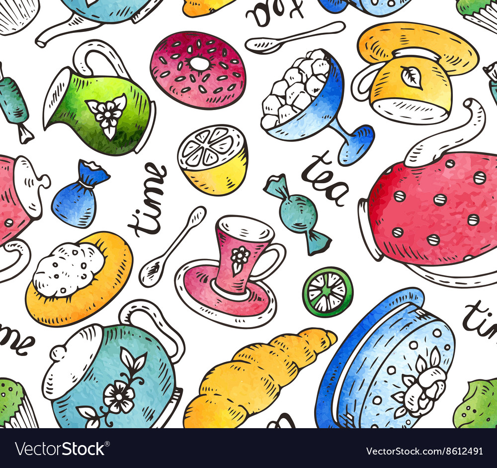 Tea time seamless pattern with doodle elements Vector Image