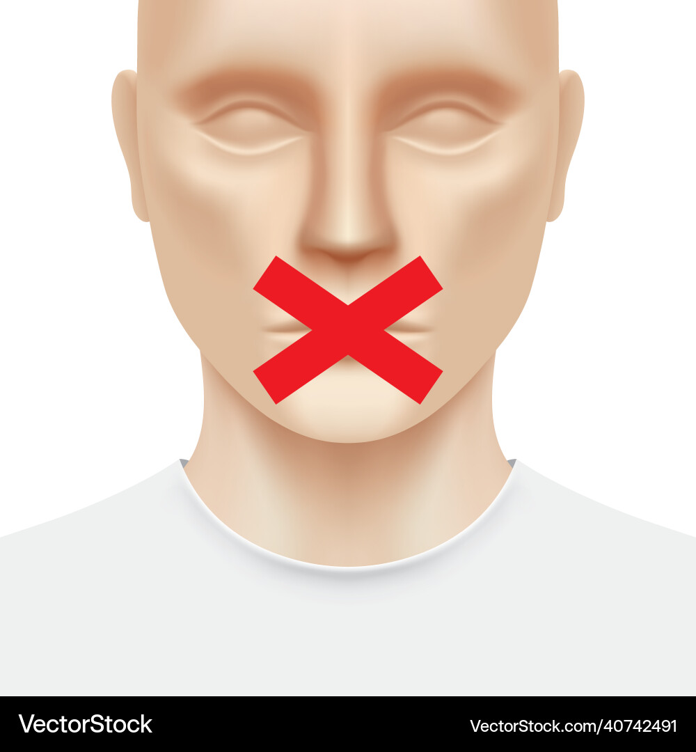 White man face with no talking red cross sign Vector Image