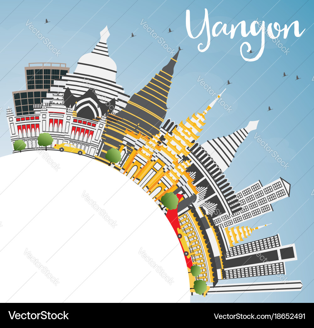 Yangon skyline with gray buildings blue sky Vector Image