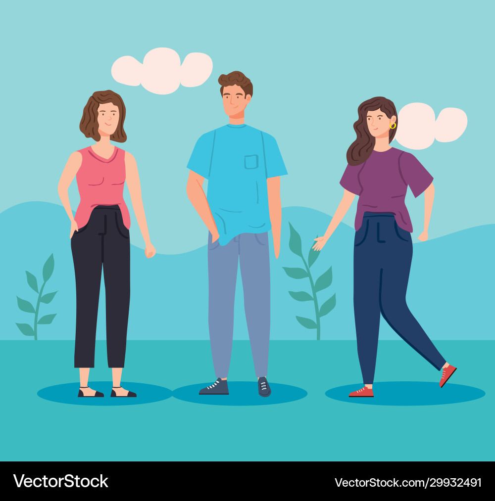 Young people in landscape nature Royalty Free Vector Image