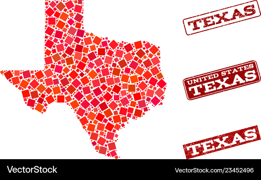 Collage of red mosaic map texas state Royalty Free Vector
