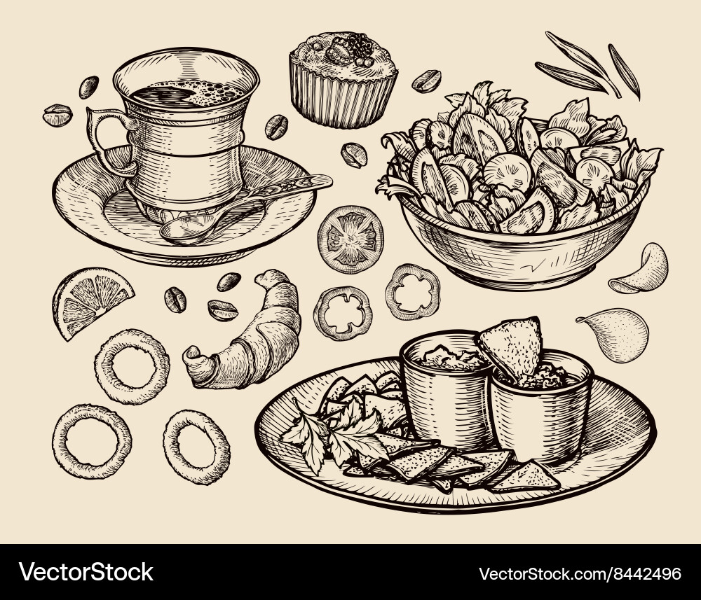 Fast food hand drawn cup coffee tea vegetable Vector Image