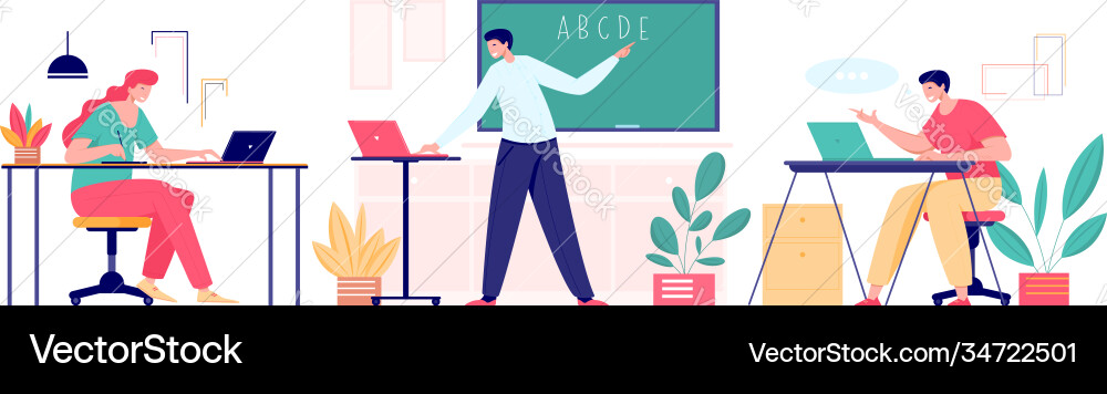 Cartoon teacher and students on online class with Vector Image
