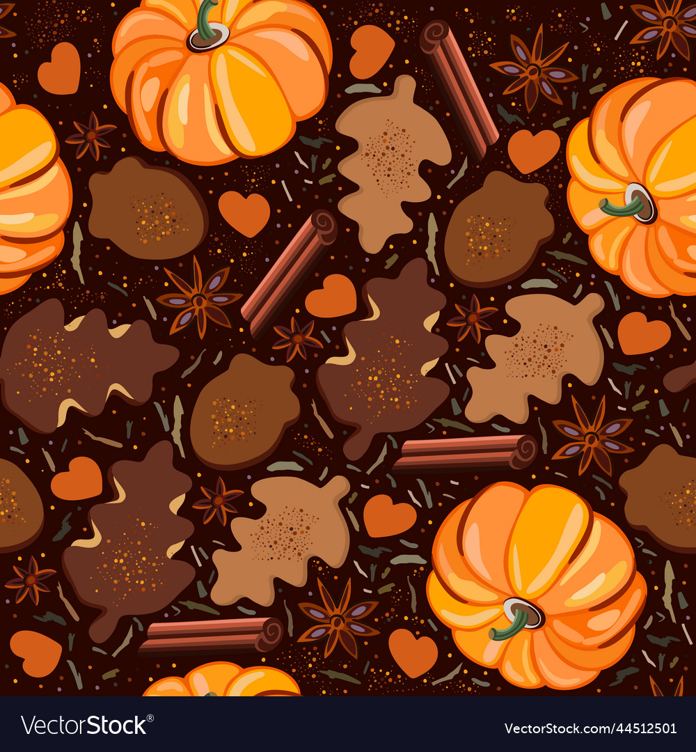 Seamless pattern with punpkins cinnamon cookies Vector Image