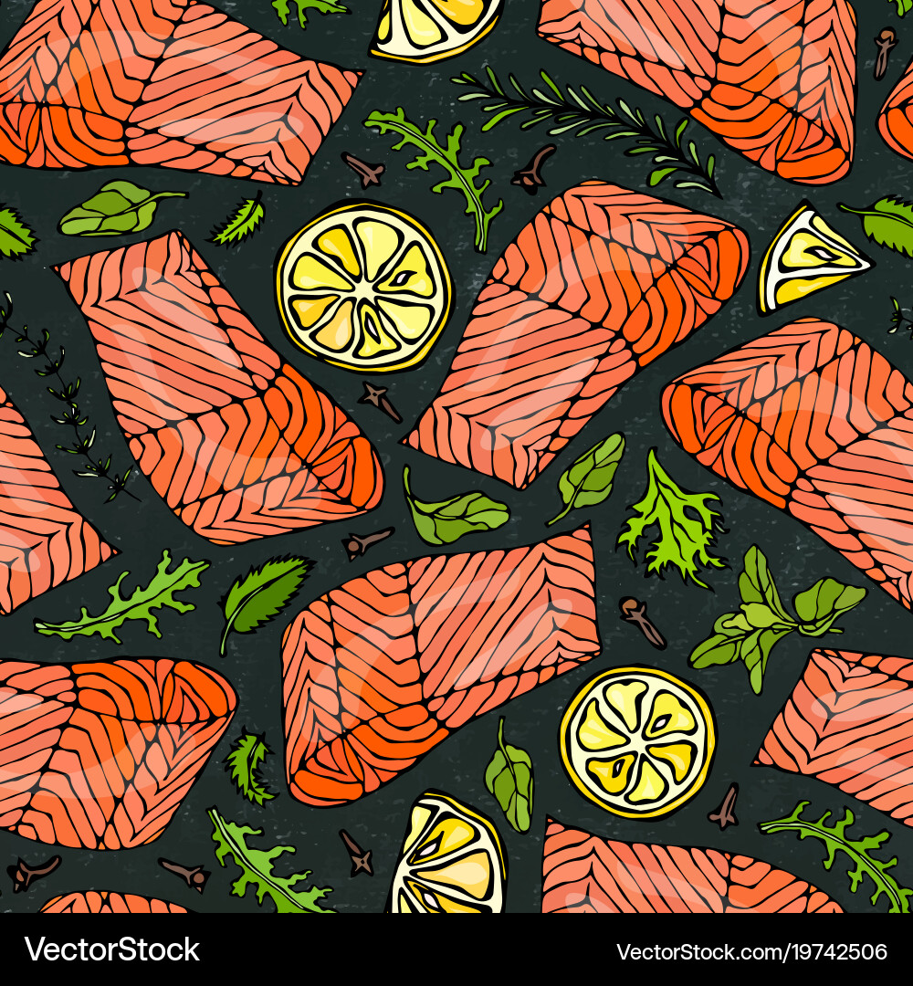 Seamless pattern of salmon fillet lemon Royalty Free Vector