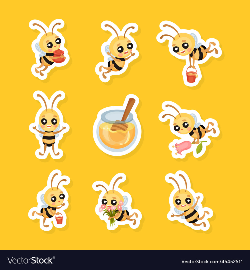 Cute Honey Bee Stickers With Busy Insect Vector Image