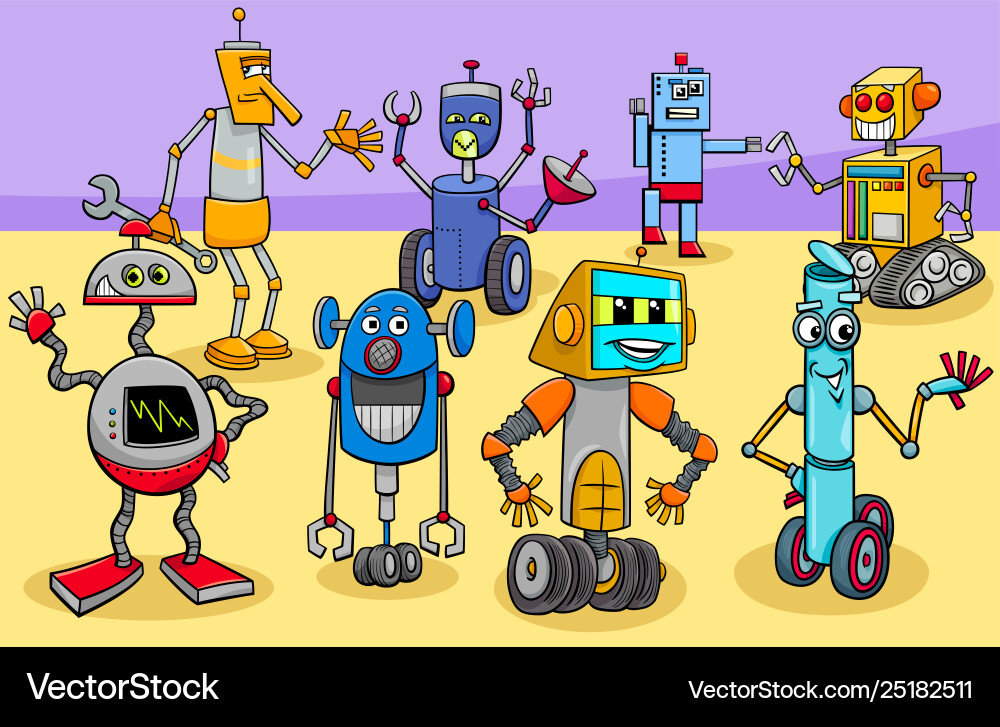 Funny robots cartoon fantasy characters group Vector Image