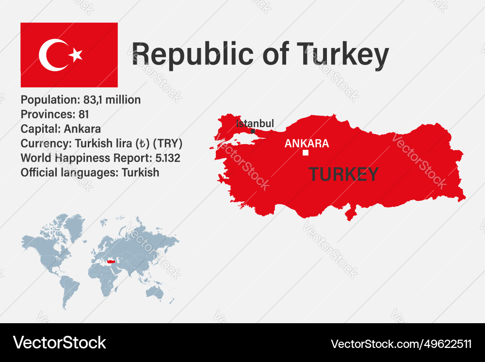 Highly detailed turkey map with flag capital Vector Image