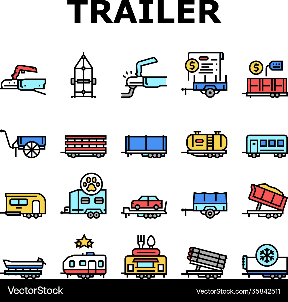 Trailer transport collection icons set Royalty Free Vector