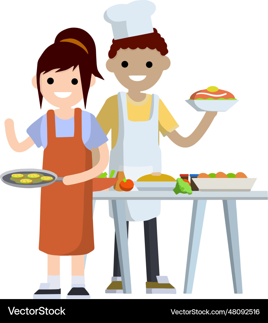 Family cooks in kitchen Royalty Free Vector Image