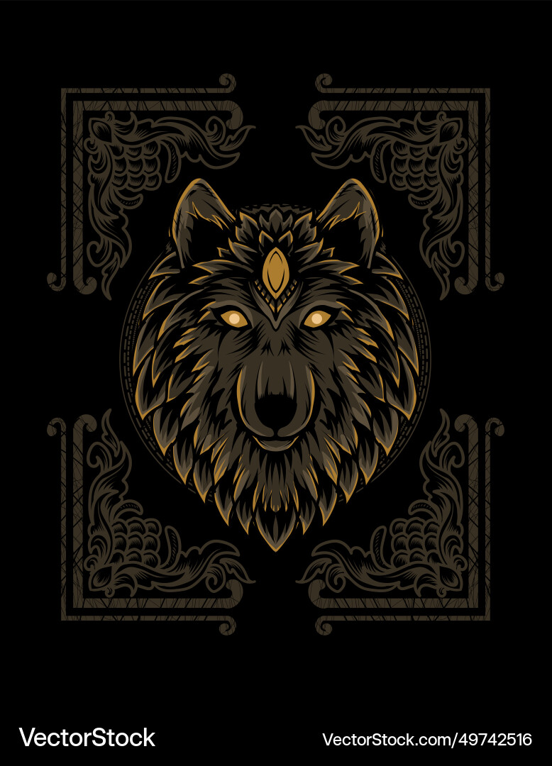 Wolf head with vintage engraving ornament Vector Image