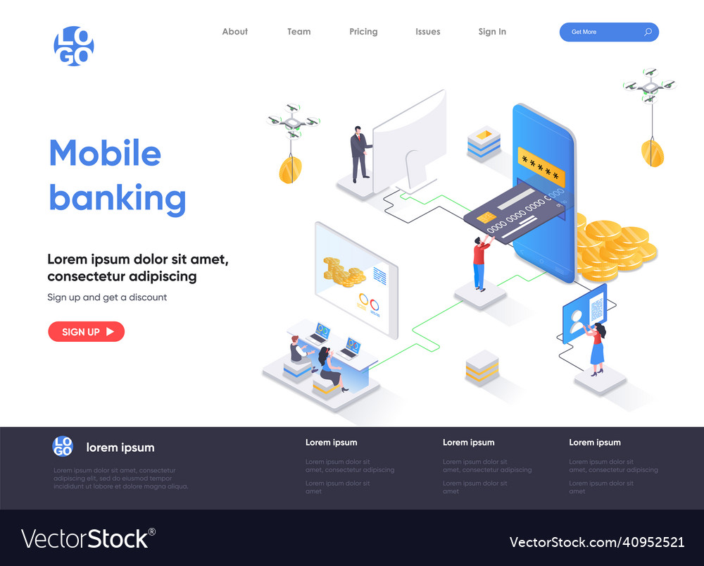 Mobile banking isometric landing page Royalty Free Vector