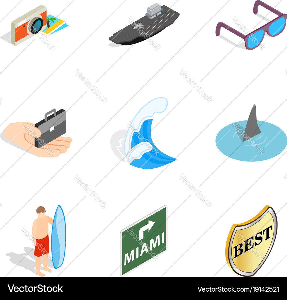 Sea adventure icons set isometric style Royalty Free Vector
