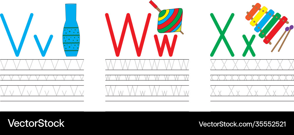 Writing practice letters vwx education for kids Vector Image