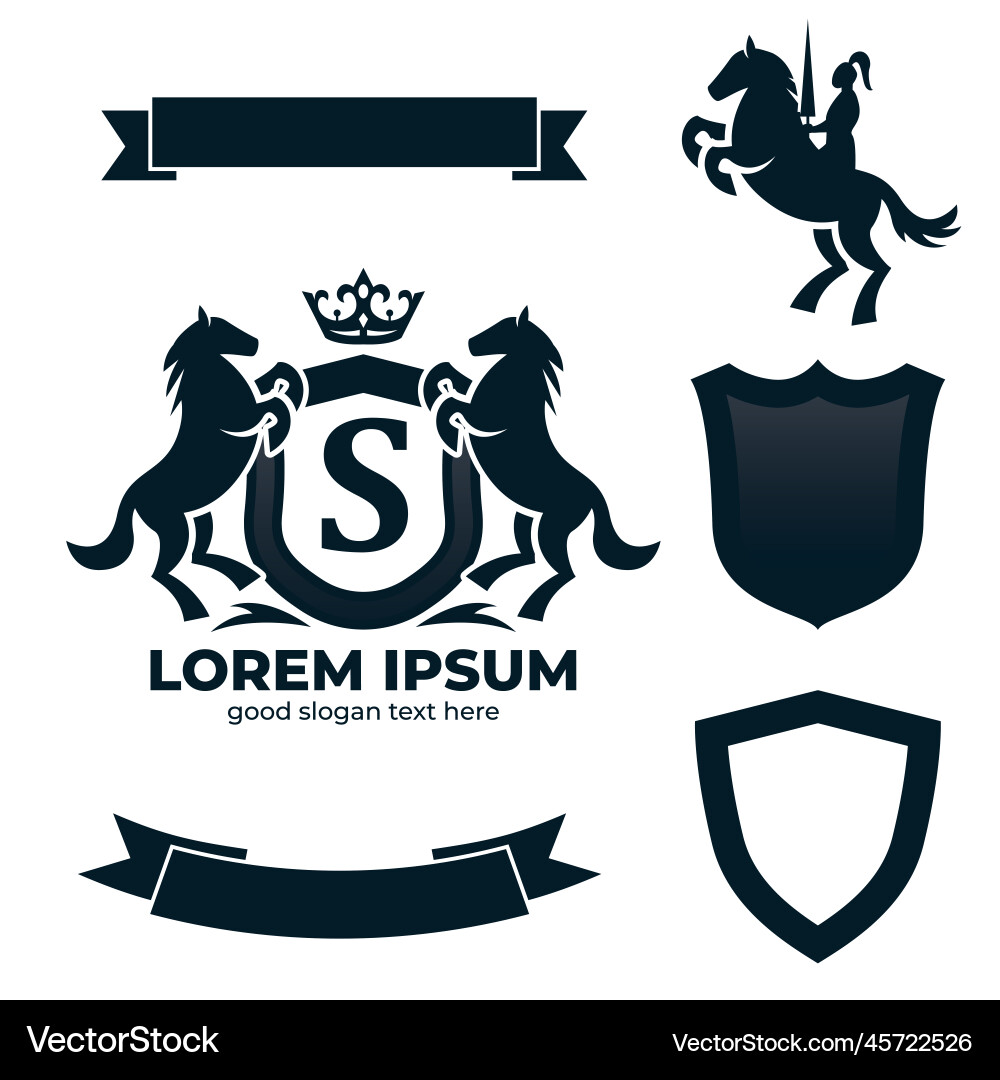 Letter s retro crest with shield and two horses Vector Image