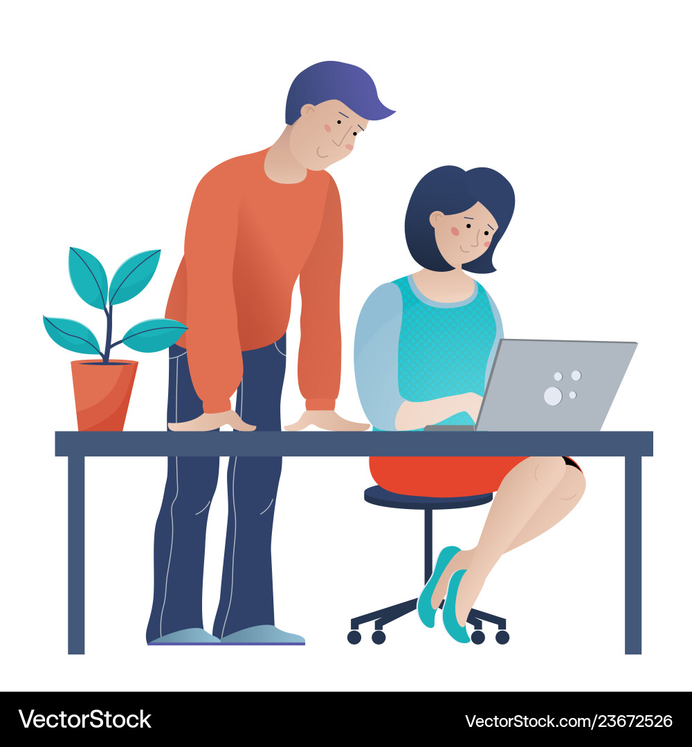 Man helping young woman work on computer in office